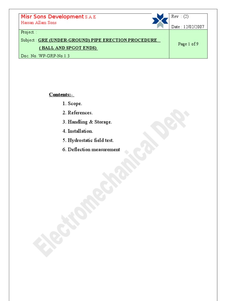 GRE (Under-Ground) Pipe Erection Procedure | PDF | Pipe (Fluid ...