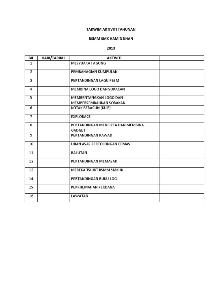 Takwim Aktiviti Tahunan PBSM | PDF