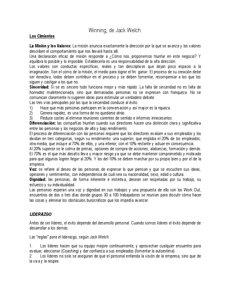 Winning - Jack Welch Resumido | PDF | Liderazgo | Planificación