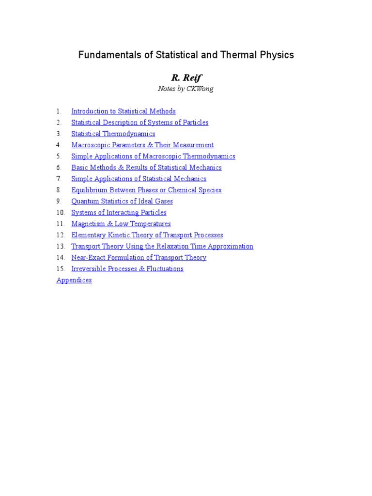 Fundamentals of Statistical and Thermal Physics: R. Reif | PDF