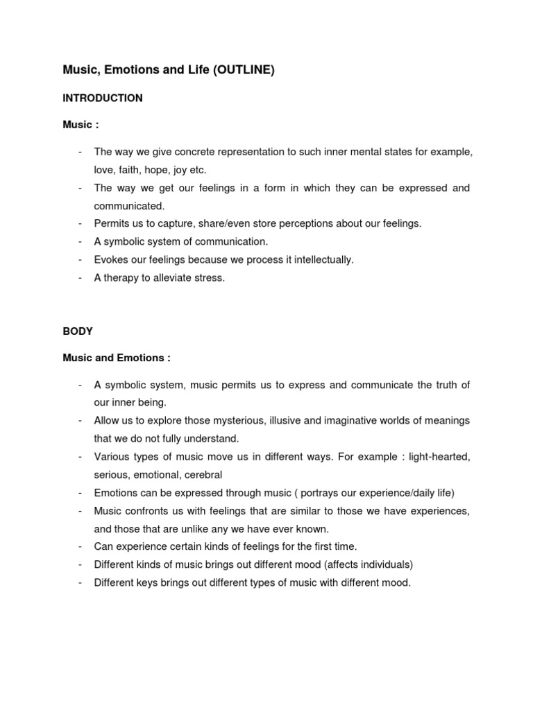 Music, Emotions and Life (OUTLINE) | PDF | Art | Self-Improvement
