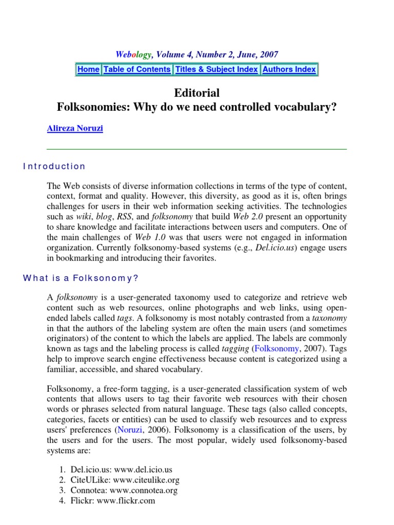 Folksonomies - Why Do We Need Controlled Vocabulary | PDF | Tag ...