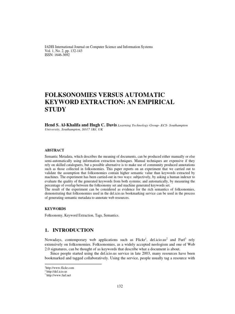 Folksonomies Versus Automatic Keyword Extraction | PDF | Tag (Metadata) | Search Engine Indexing