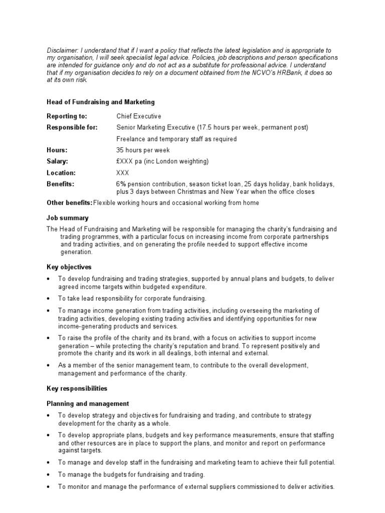 Head of Fundraising and Marketing 2010 Job Description | PDF ...