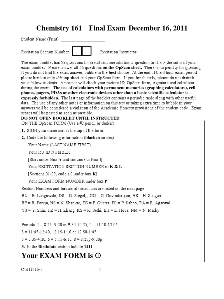 Chemistry 161 Final Exam Questions and Answers | PDF | Redox | Hydrogen