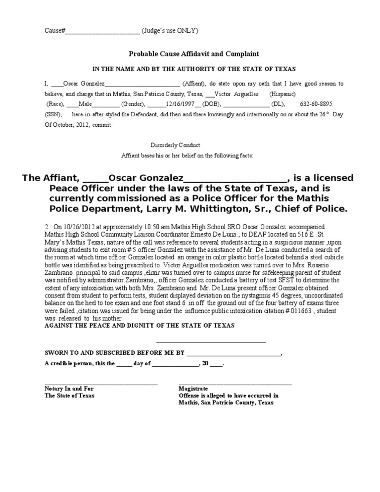 ProbableCauseAffidavit UNDER THE INFLEENCE.doc | Affidavit | Texas