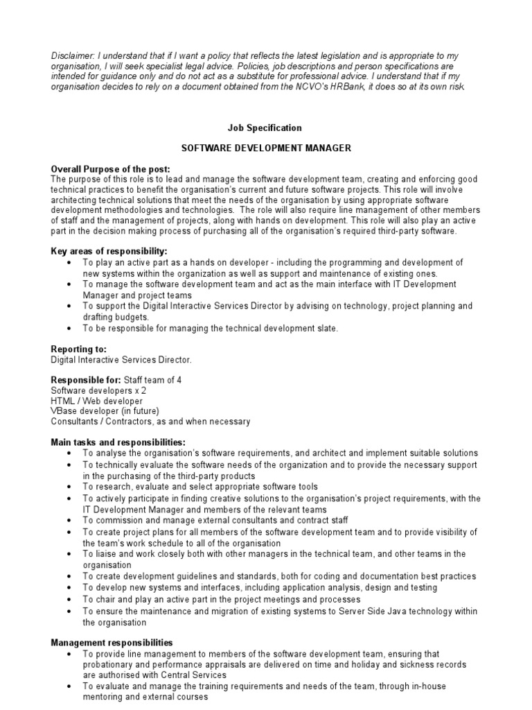 Software Development Manager Job Description | PDF | Software ...