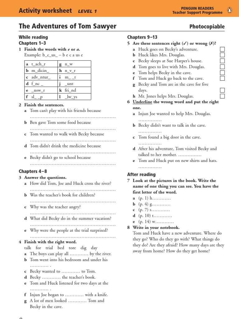 The Adventures of Tom Sawyer: Activity Worksheet | PDF