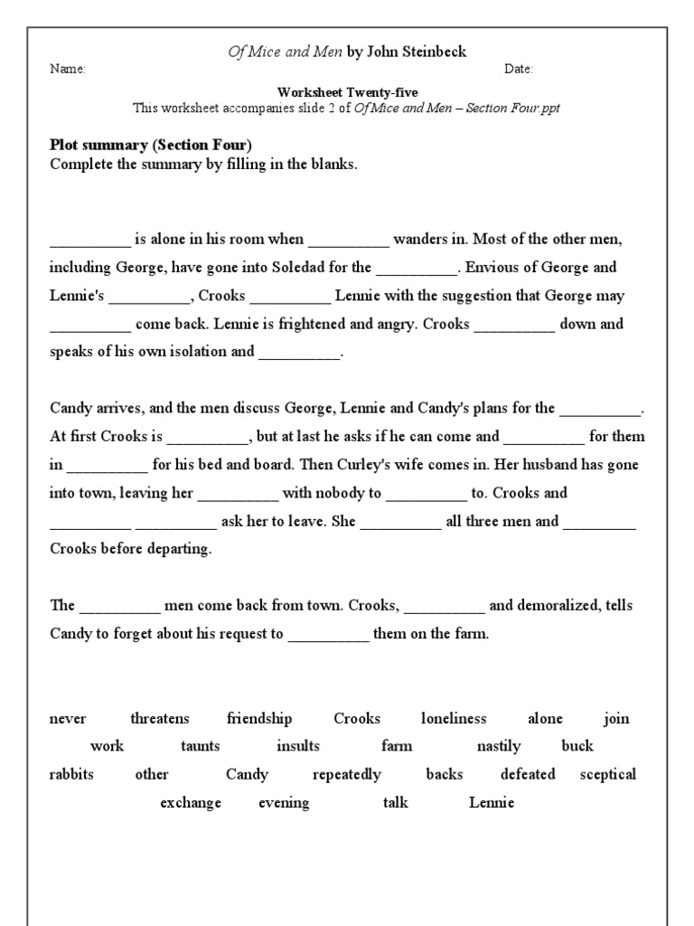 Of Mice and Men Packet For Section Four | PDF | Novels