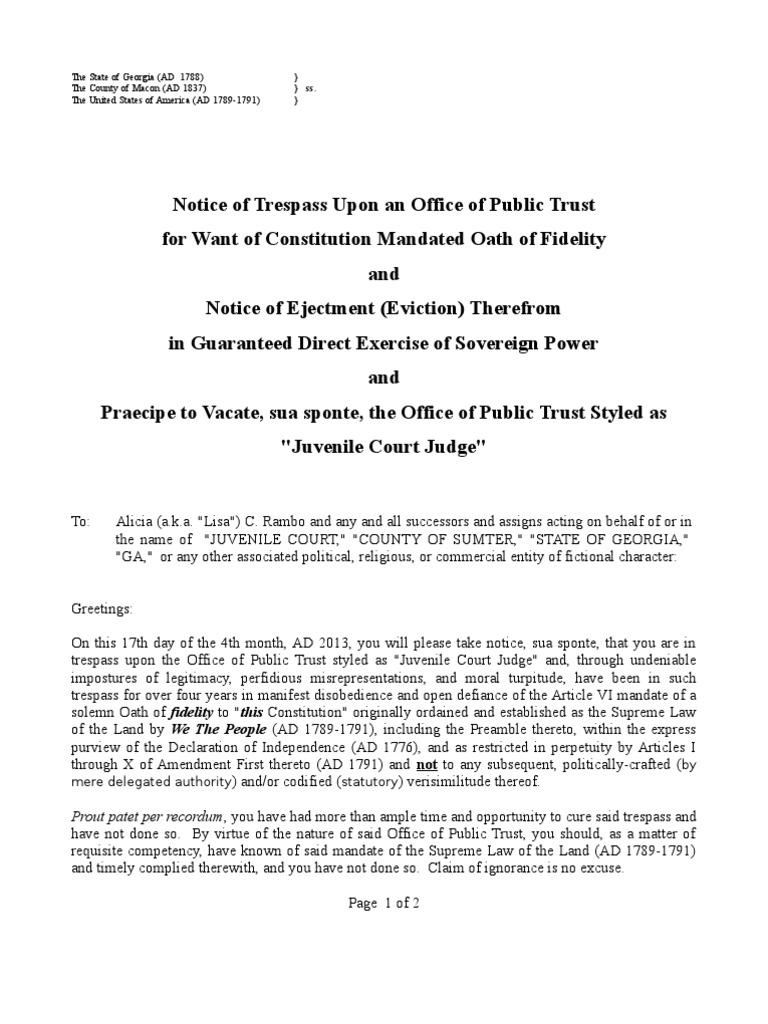 Notice of Trespass Upon An Office of Public Trust | PDF | Constitution ...