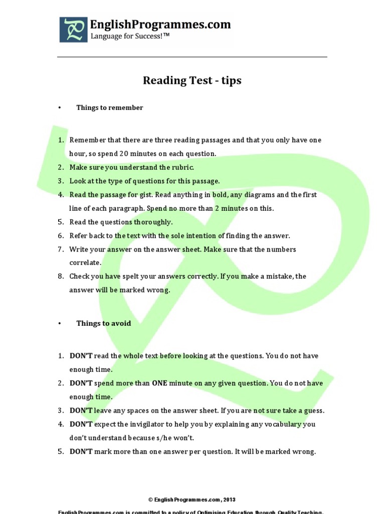 IELTS Reading Test Tips | PDF