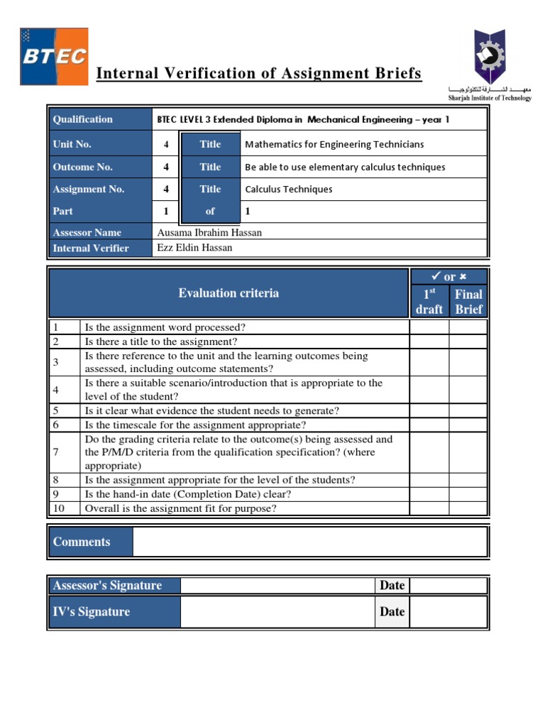 Internal Verification of Assignment BR Iefs: Evaluation Criteria 1 ...