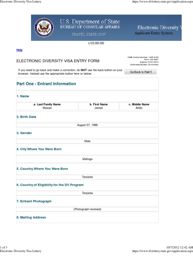 Electronic Diversity Visa Entry Form: Part One - Entrant Information ...