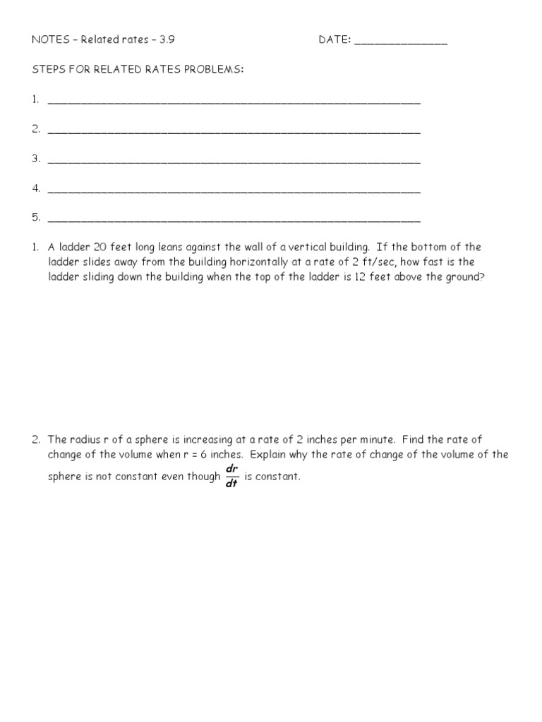 NOTES - 3.9 - Related Rates | PDF | Area | Sphere