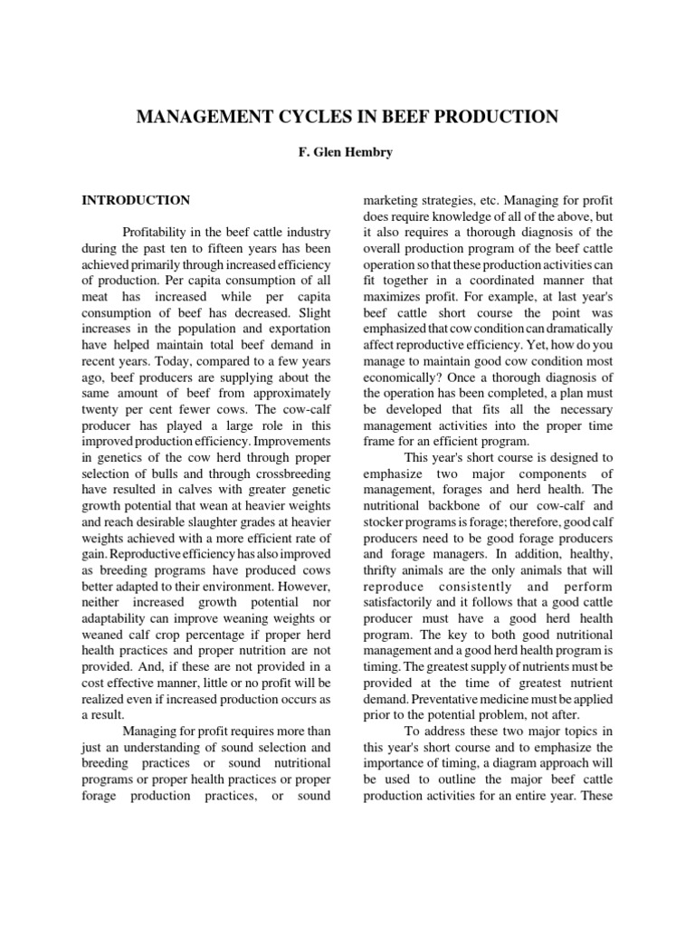 Management Cycles in Beef Production: F. Glen Hembry | PDF | Calf | Weaning