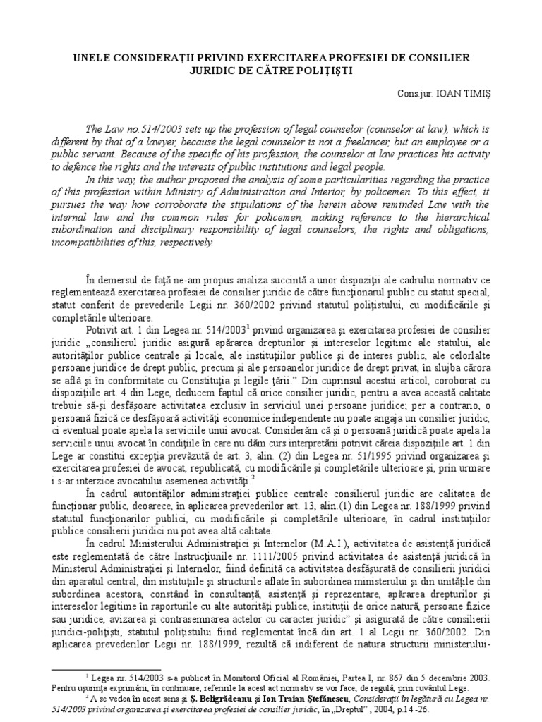 Consideratii Privind Exercitarea Profesiei de Consilier Juridic | PDF