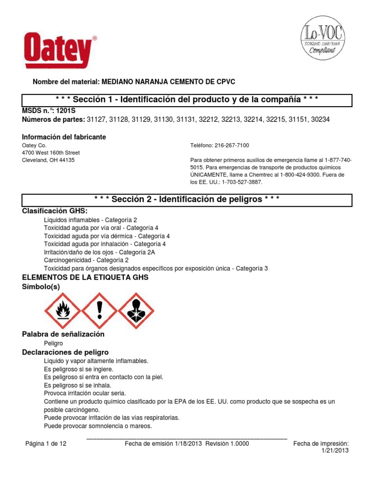 Msds - Pegamento Cpvc Oatey Naranja | Carcinógeno | Administración de ...