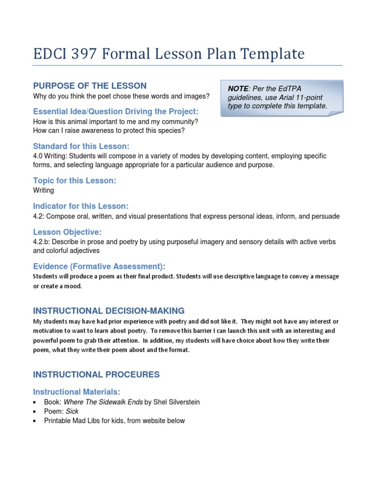 EDCI 397 Formal Lesson Plan Template: Purpose of The Lesson | PDF ...