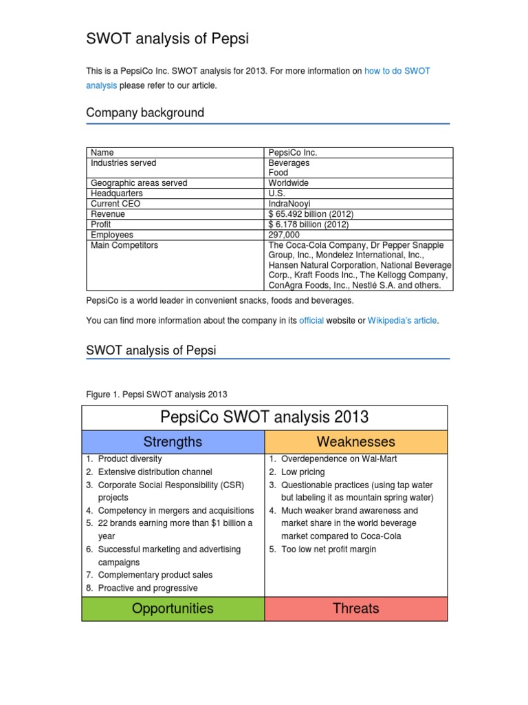 Pepsico Swot Analysis | PDF | Pepsi Co | Business