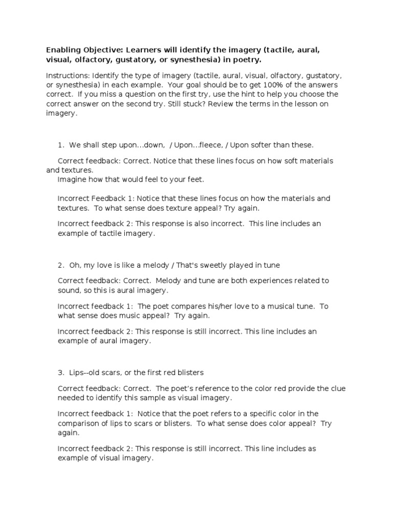 Enabling Objective: Learners Will Identify The Imagery (Tactile, Aural ...