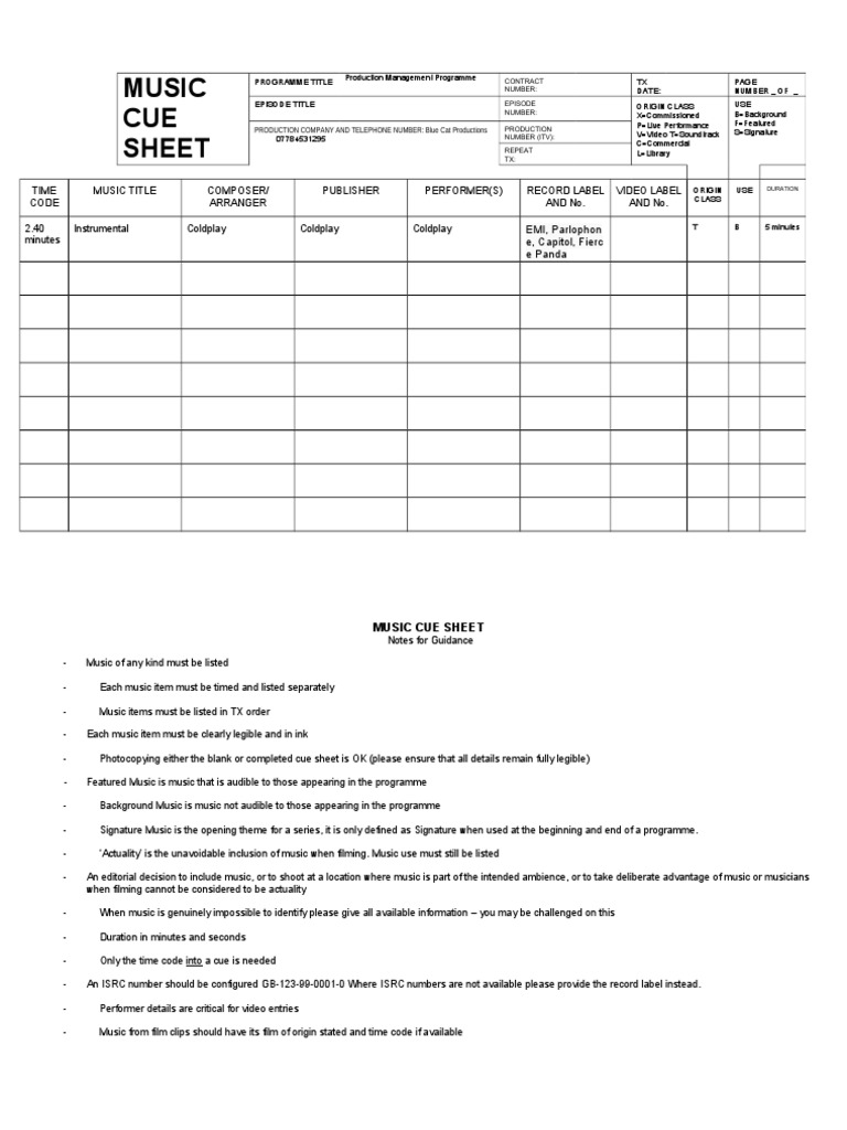 Music Cue Sheet | PDF | Entertainment (General)