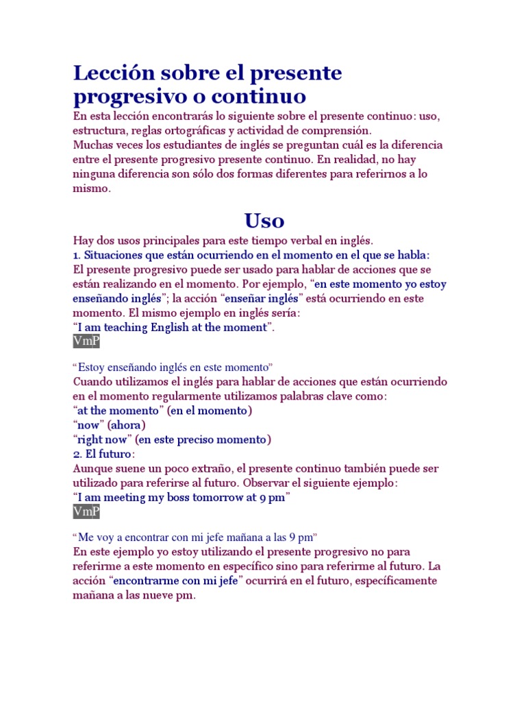 Lección Sobre El Presente Progresivo o Continuo | PDF | Idioma en ...