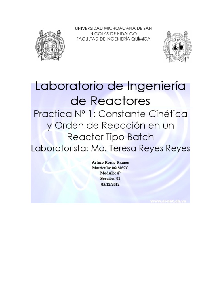 Practica 1 Reactores (Batch) | PDF | Reactor Quimico | Velocidad de reacción