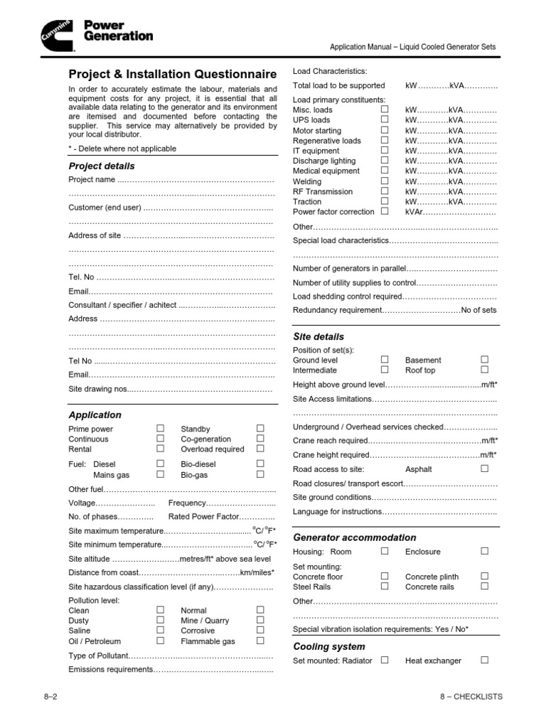 Generator Project & Installation Questionnaire | PDF | Radiator ...
