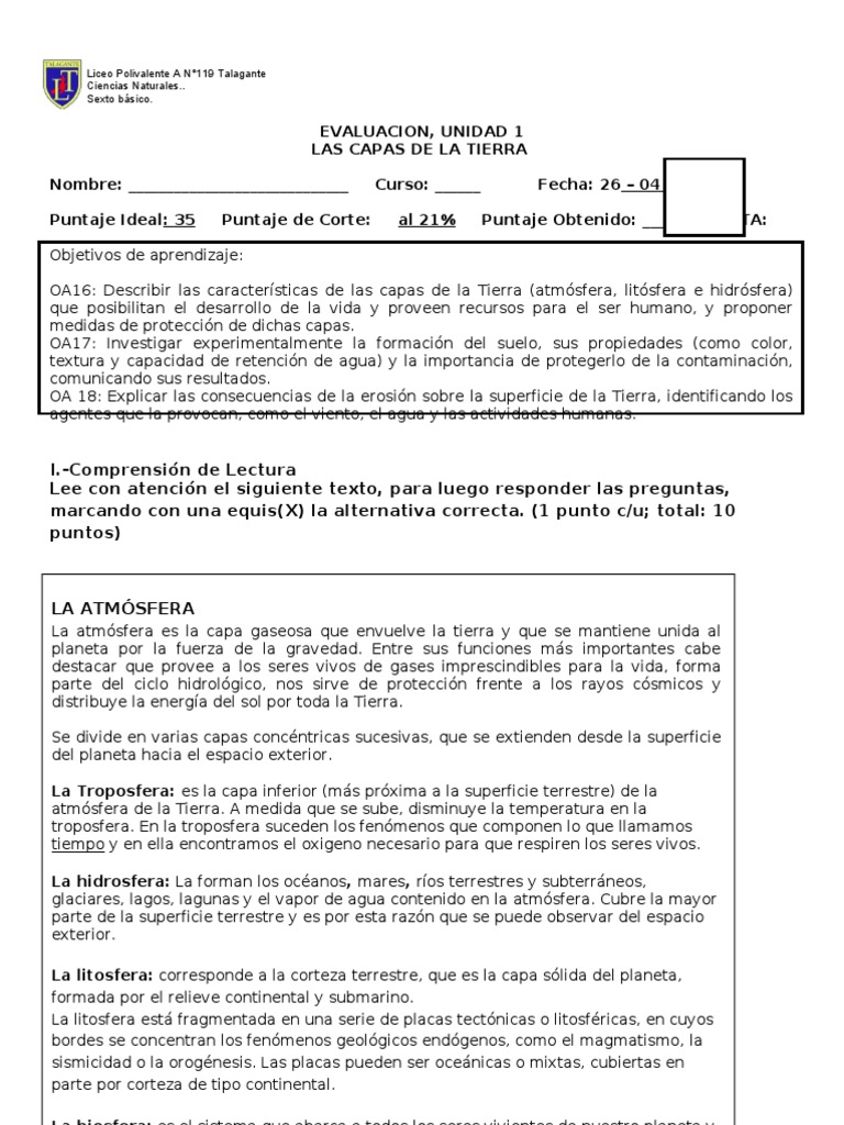 Prueba-Capas-Tierra 6º Basicos | PDF | Tierra | Atmósfera