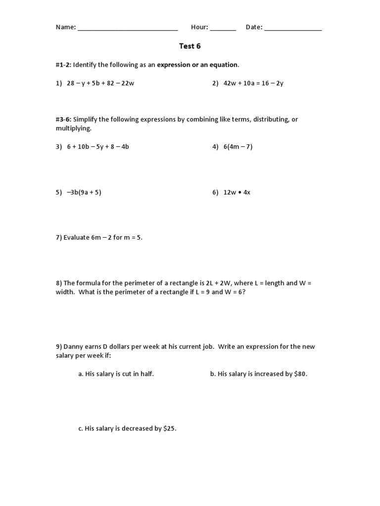 Algebra Test: Expressions and Equations | PDF | Teaching Methods ...