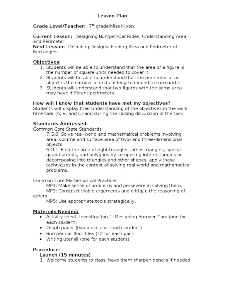 Bumper Car Design Lesson Plan | PDF | Rectangle | Cognition
