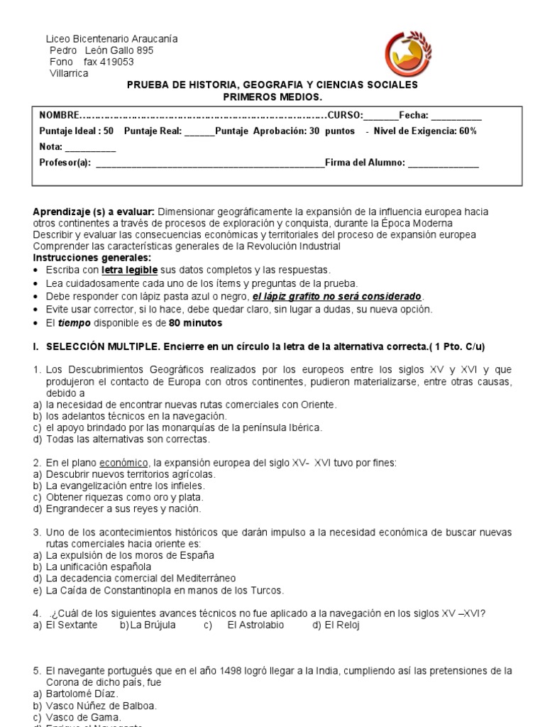 Prueba sobre la expansión europea | PDF | Viajes por Europa | Américas