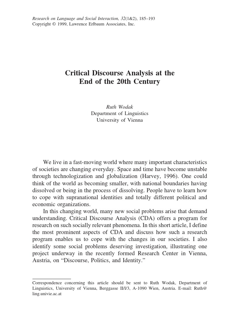 Wodak Critical Discourse Analysis at The End of The 20th Century | PDF ...