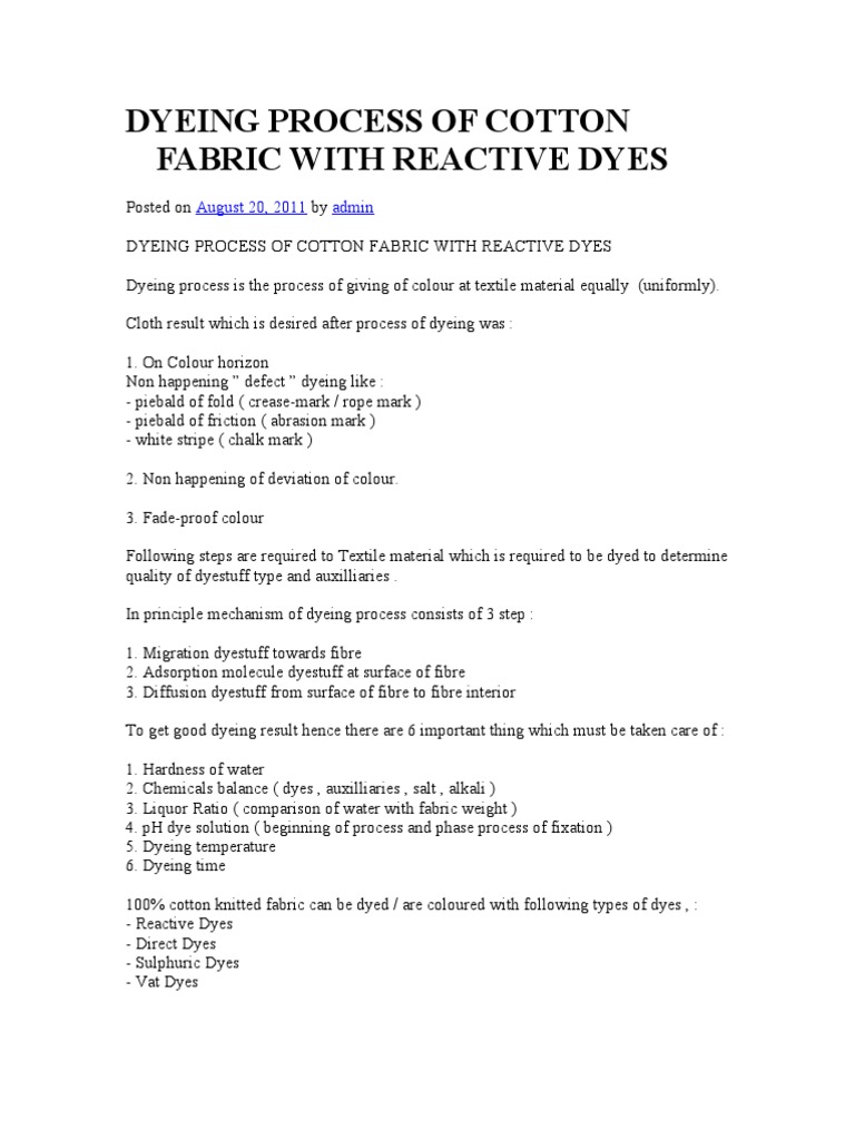Dyeing Process of Cotton Fabric With Reactive Dyes | PDF | Dye | Sodium ...