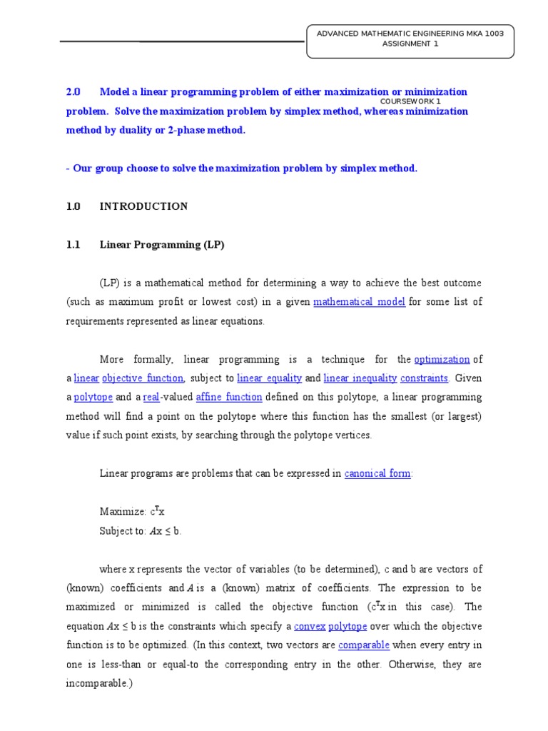 Simplex Method Assignment | PDF | Linear Programming | Mathematical Optimization