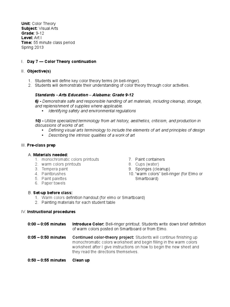 Unit: Color Theory Subject: Visual Arts Grade: 9-12 Level: Art I Time ...