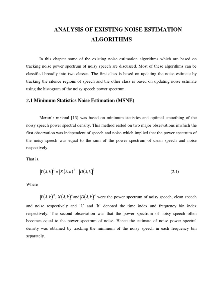 Analysis of Existing Noise Estimation Algorithms | PDF | Signal To Noise Ratio | Spectral Density