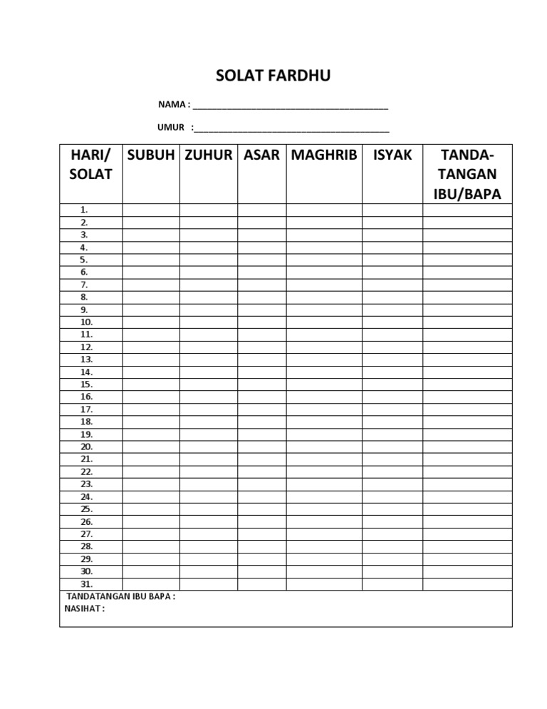 Daily Solat Fardhu Tracking Sheet | PDF