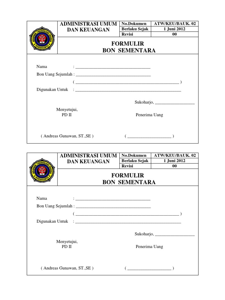 Form Bon Sementara | PDF | Karier & Perkembangan | Bisnis