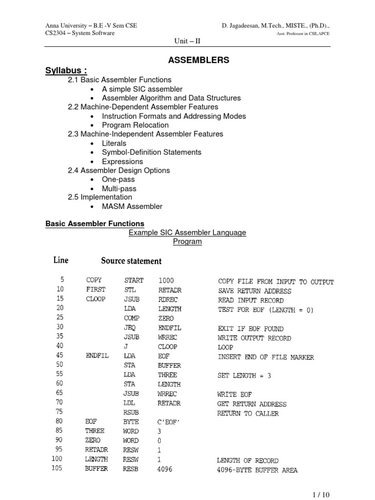 Assemblers Syllabus:: Basic Assembler Functions | PDF | Assembly Language | Instruction Set