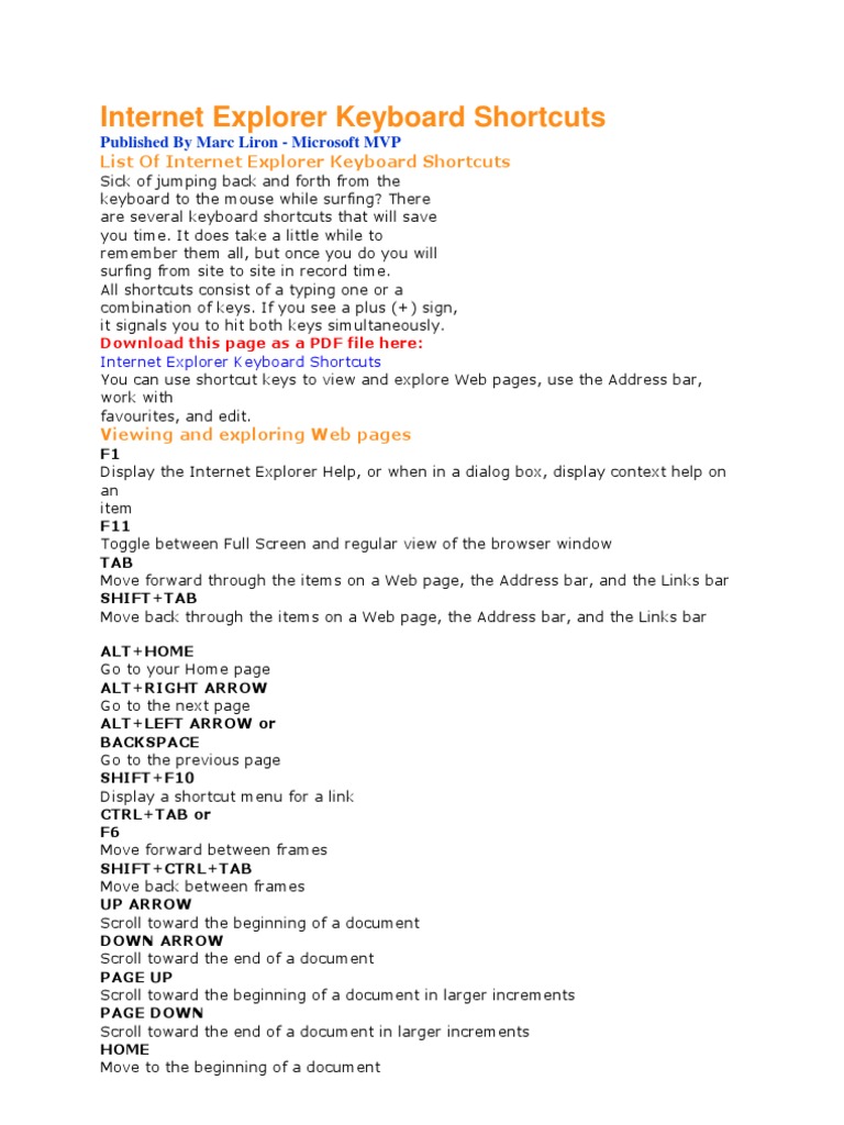 Internet Explorer Keyboard Shortcuts | PDF | Computer Keyboard | Web Page