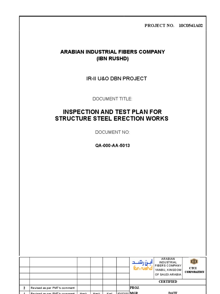 QA-000-AA-5013 ITP For Structure Steel Erection Works Rev1 (APPROVED) | PDF | Specification ...