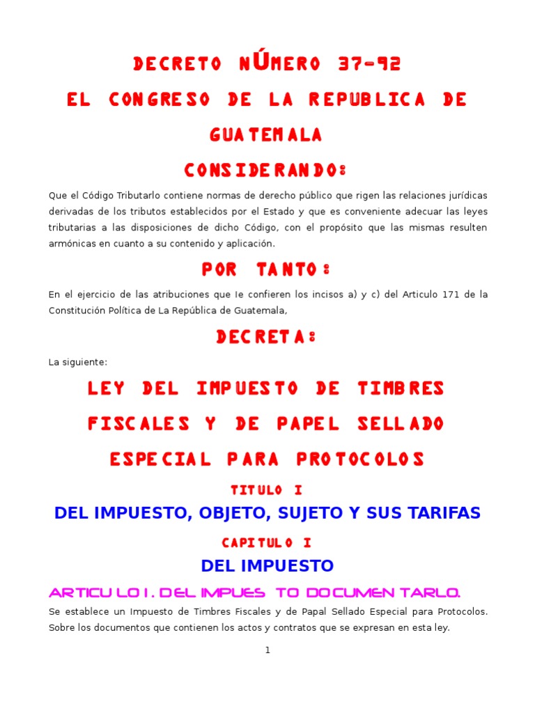 Ley Del Impuesto de Timbres Fiscales y de Papel Sellado DECRETO 37-92 | PDF | Bancos | Seguro