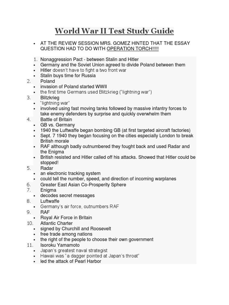 World War II Test Study Guide | PDF | World War II | Allies Of World War II