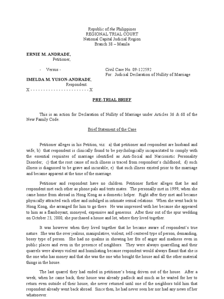 Pre-Trial Brief Andrade | PDF | Brief (Law) | Marriage