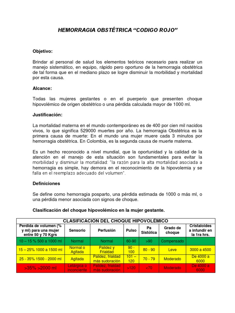 Hemorragia Obstétrica Código Rojo PROTOCOLO | PDF | Choque ...