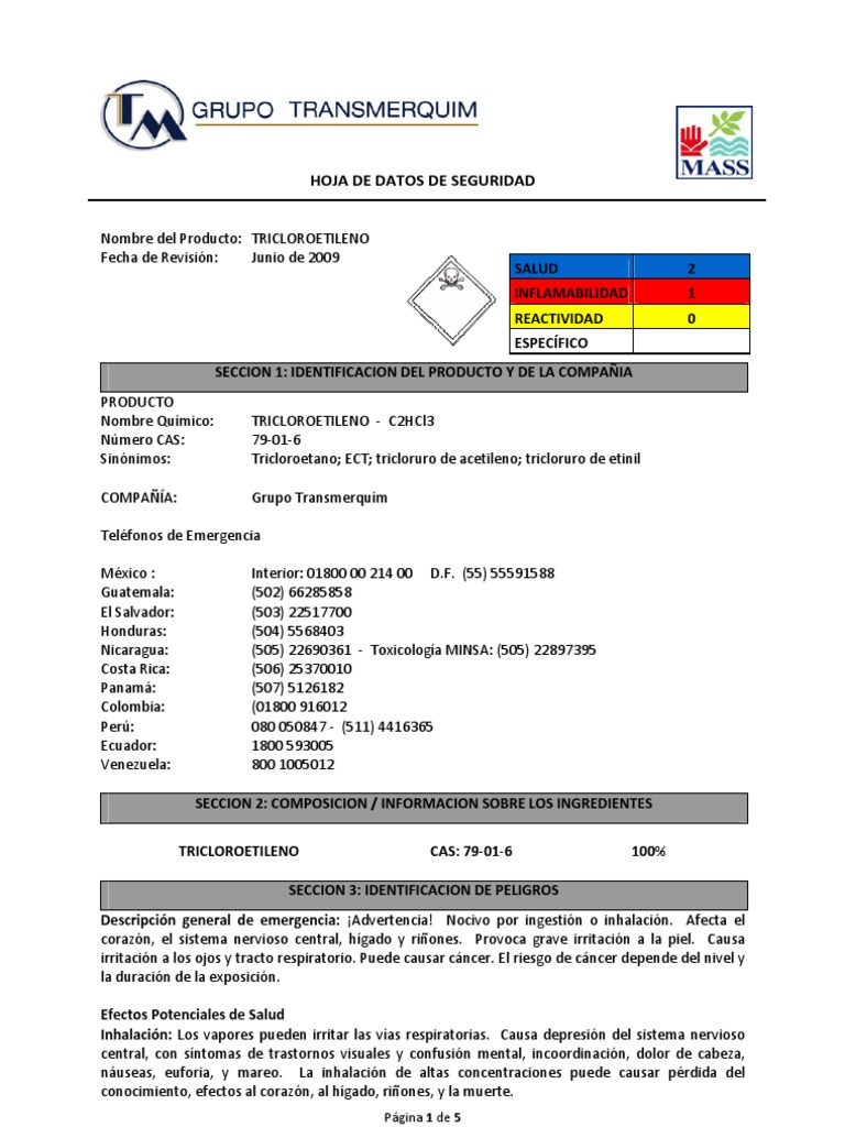 Tricloroetileno: Seguridad y Manejo | PDF | Combustión | Residuos