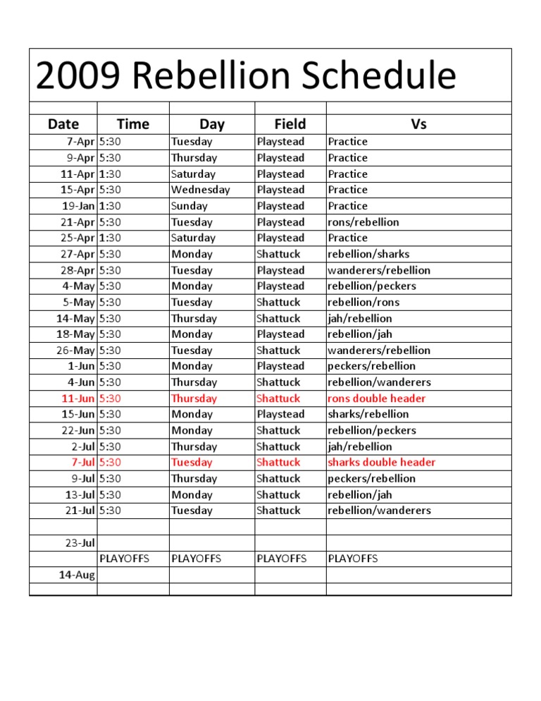 2009 Rebellion Schedule | PDF