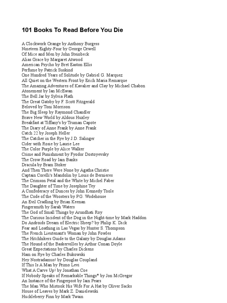 List of 101 Books To Read Before You Die | PDF | Writers | English ...
