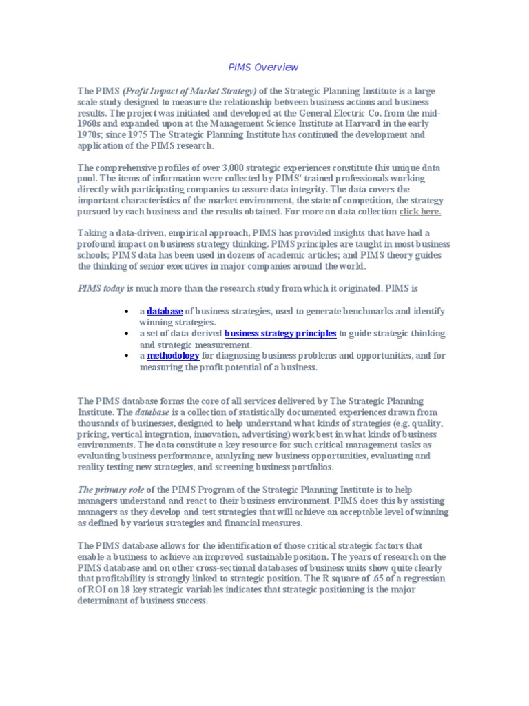 PIMS Overview: PIMS Today Is Much More Than The Research Study From ...